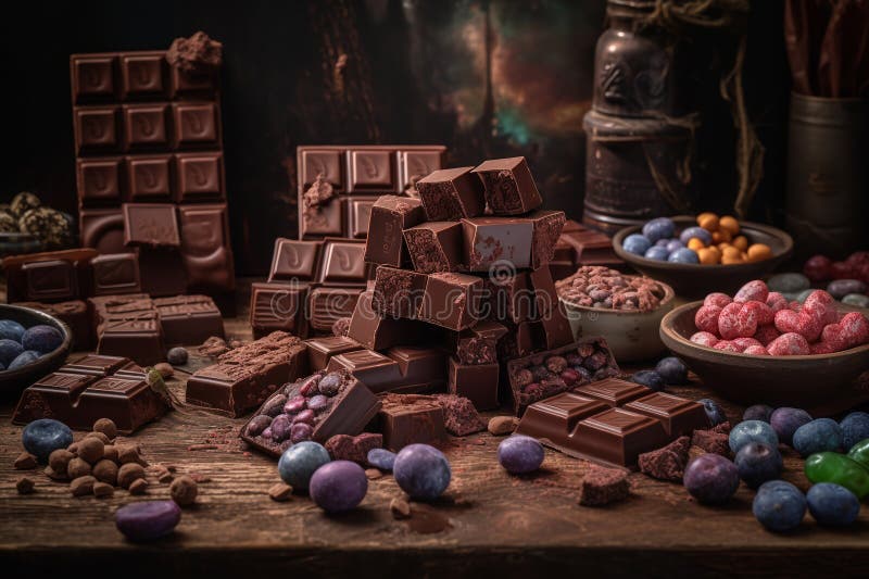 Tasty Sweets with Chocolate Bars, Cocoa Powder, and Candies on a ...