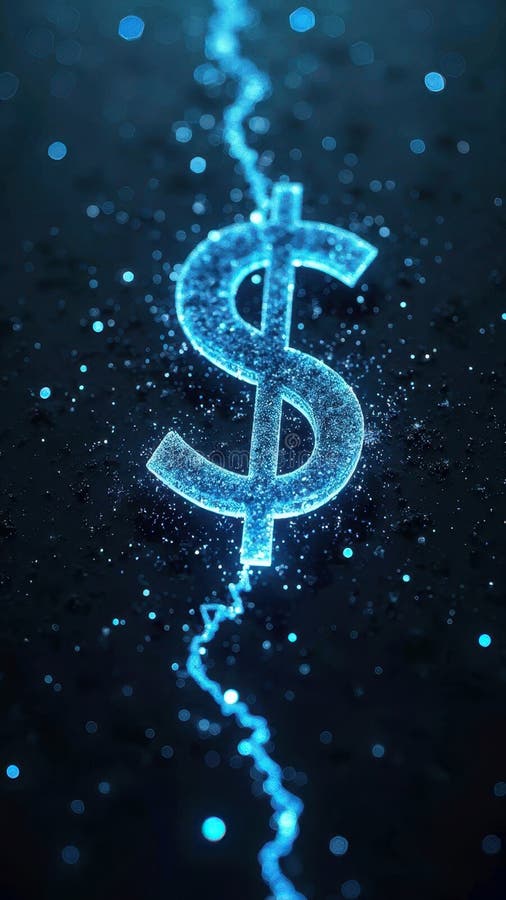 Glowing Dollar Sign on Night Sky Background with Lightning Effect Stock ...