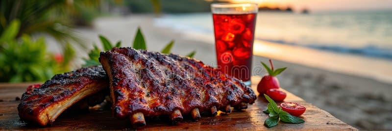 Grilled Bbq Ribs Refreshing Drink Tropical Beach Sunset Stock Photos ...