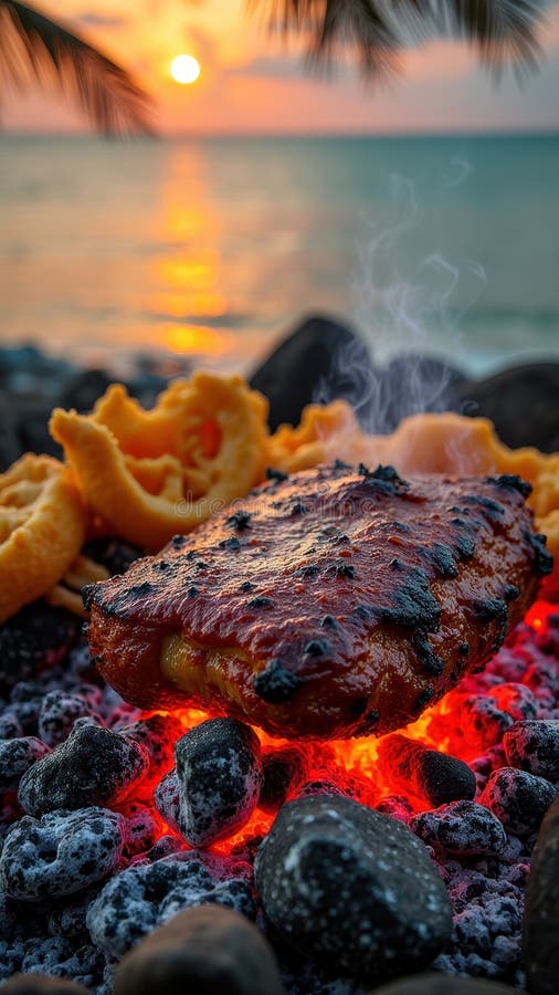 Grilled Meat on Rocks at Sunset Beach Stock Photo - Image of cooking ...