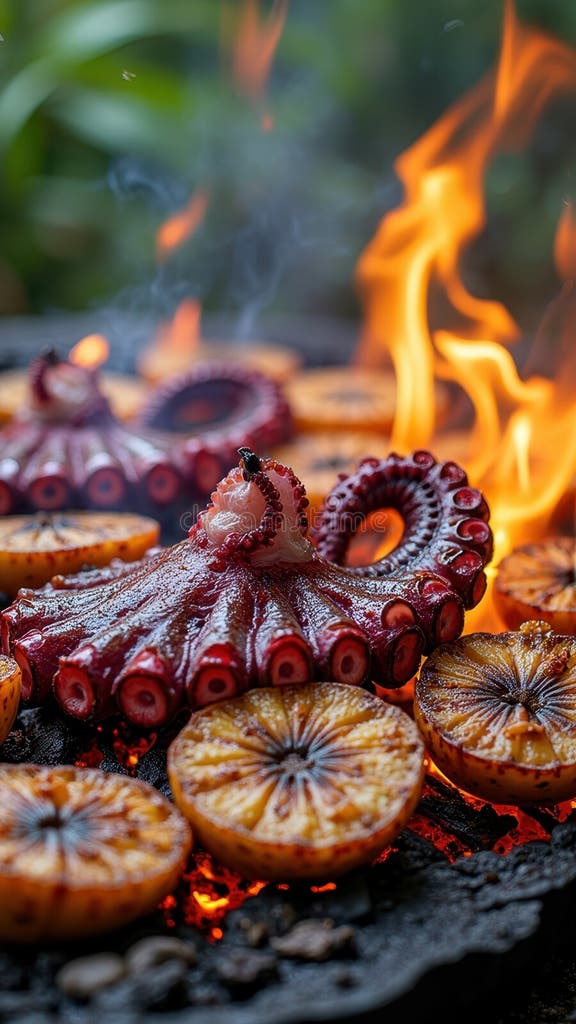 Grilled Octopus and Citrus on Open Flame Stock Photo - Image of juicy ...