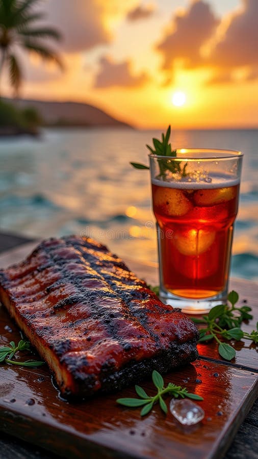 Grilled Ribs and Iced Tea at Sunset by Ocean: Serene Culinary ...