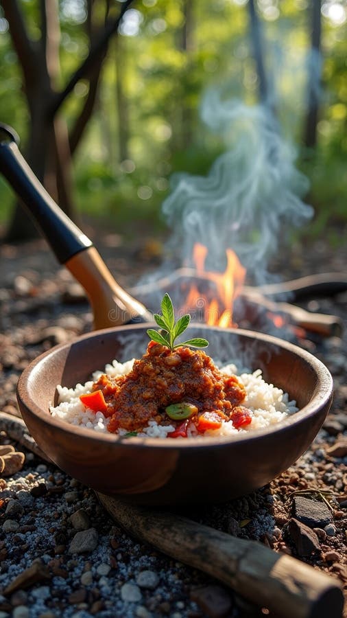 Rustic Outdoor Meal: Spicy Stew Over Rice with Open Camping Fire in ...