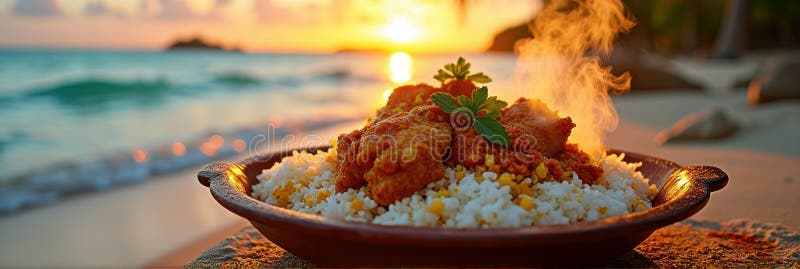 Spicy Fried Chicken on Rice at Sunset Beach Scene with Ocean View Stock ...