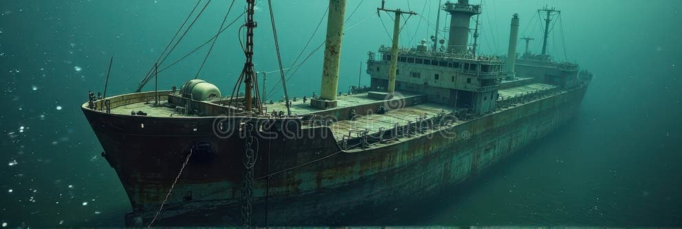 Sunken Cargo Shipwreck Underwater Exploration with Rusted Hull Stock ...