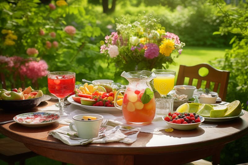 Summer Brunch Table Setting with Fresh Fruit and Flowers Stock ...