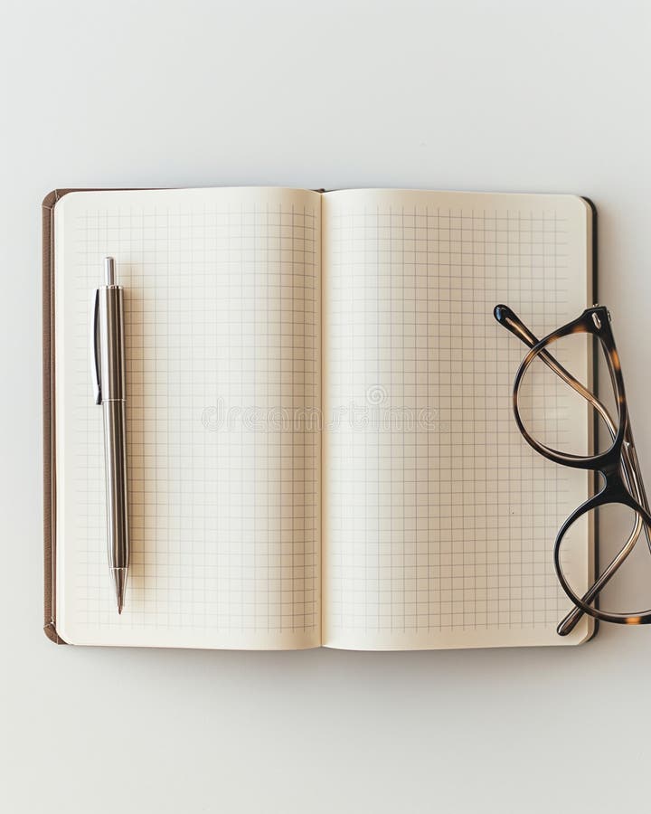 Stylish Brown Tortoise Shell Eyeglasses on an Open Notebook with a Gold ...