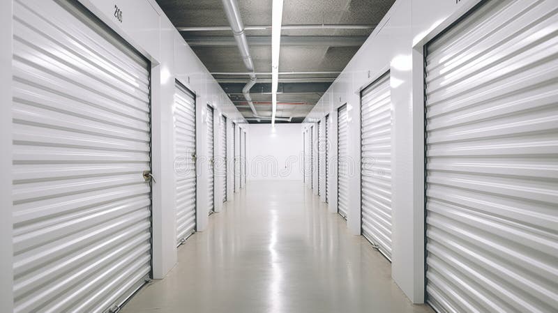 Empty Storage Units with White Doors in a Warehouse Stock Image - Image ...