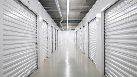 Empty Storage Units with White Doors in a Warehouse Stock Image - Image ...