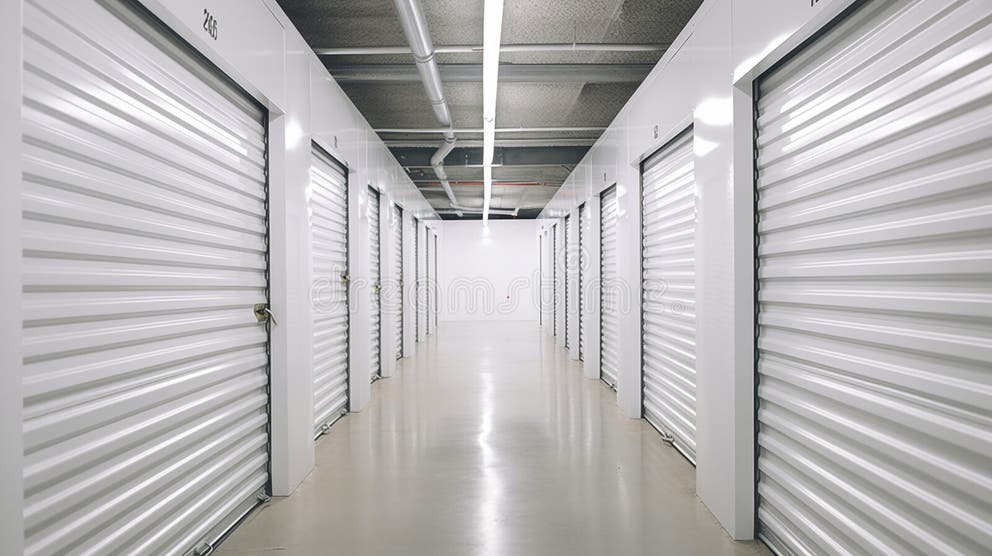 Empty Storage Units with White Doors in a Warehouse Stock Image - Image ...