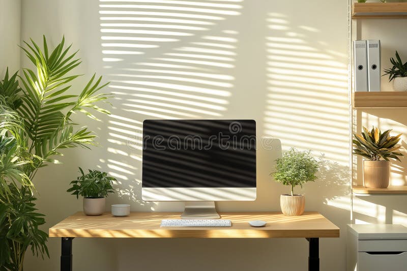 Minimalist Home Office with Sunlight Streaming through Blinds Stock ...