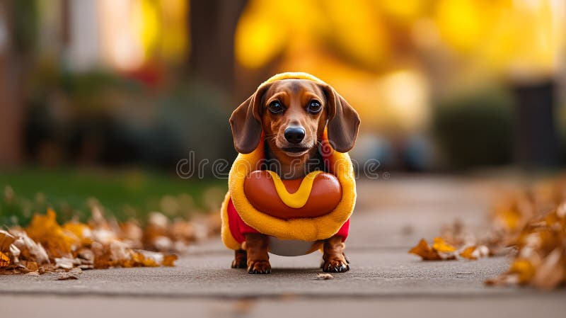 Adorable Dachshund Wearing Hot Dog Costume for Halloween Stock ...