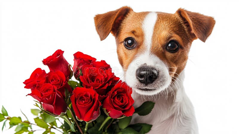 Adorable Dog with Red Roses Bouquet on White Background Stock ...
