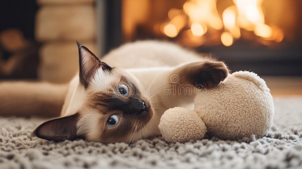 Adorable Siamese Cat Playing on Carpet with Plush Toy Stock ...