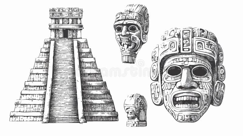 Ancient Mayan Temple and Mask Engraving Set for HD Designs Stock Vector ...
