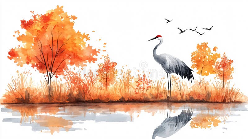 Autumn Landscape with Birds Crane Watercolor Illustration Stock ...