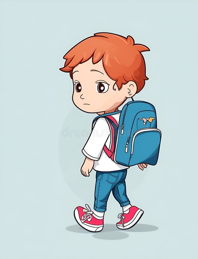 Boy Backpack Walking To School Cartoon Style, Boy Looking at Back ...
