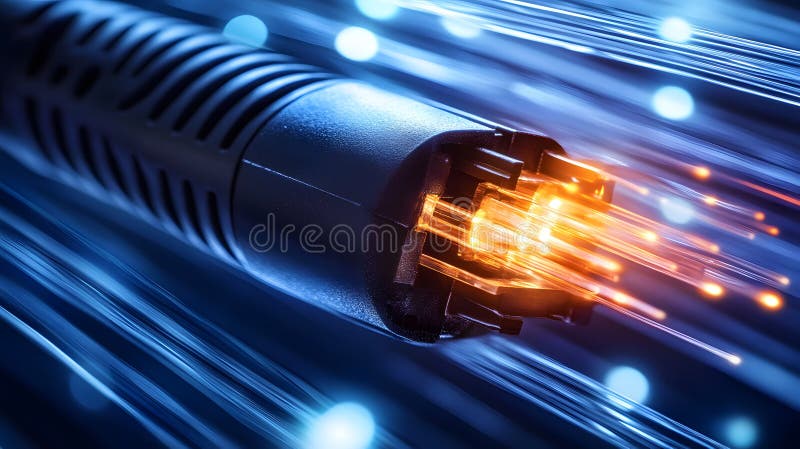 Close-Up Fiber Optic Cable Glowing Light Technology Connection Data ...