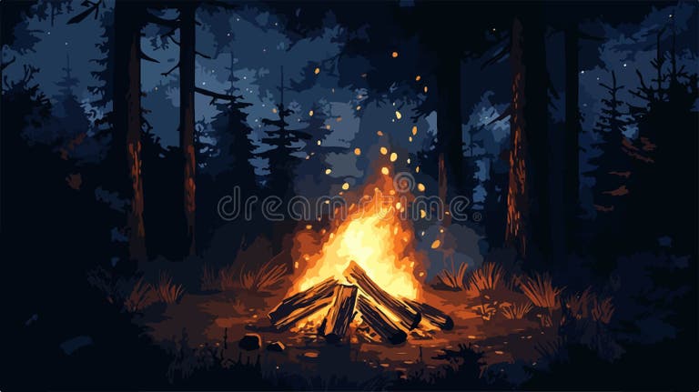 Cozy Bonfire Night in Enchanted Spruce Forest Vector Illustration Stock ...