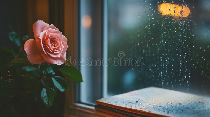 Cozy Reading Nook with Pink Rose on Rainy Window Stock Illustration - Illustration of nook ...