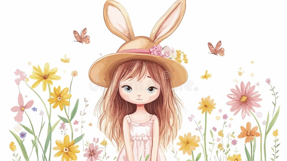 Cute Rabbit Girl with Flowers Vector Illustration Stock Vector ...