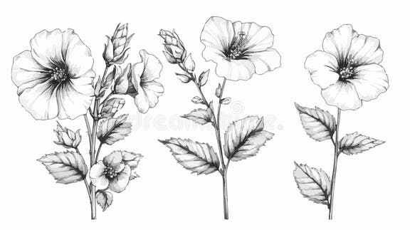 Detailed Botanical Engraving Illustration Set of Mallow Blossoms Stock ...