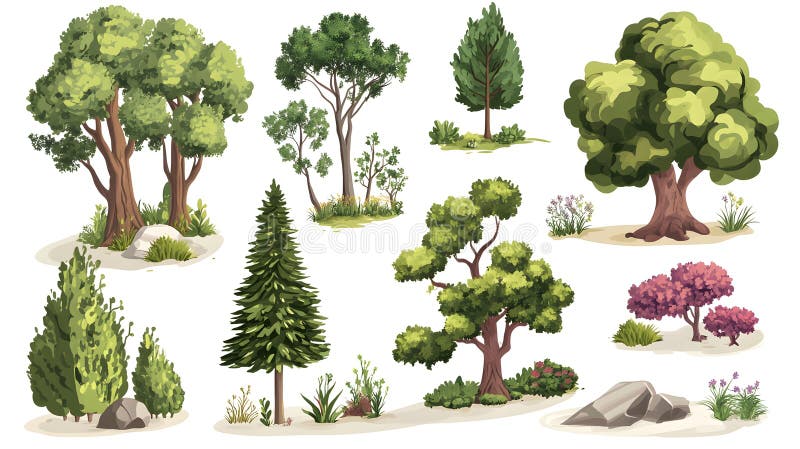 Diverse Trees and Garden Elements in Vibrant Display Stock Illustration ...