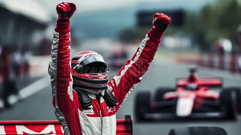 Dynamic Formula One Racing Team Driver Celebrating Victory in Cheerful ...