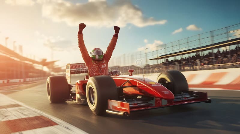 Dynamic Formula One Racing Team Driver Celebrating Victory in Cheerful ...