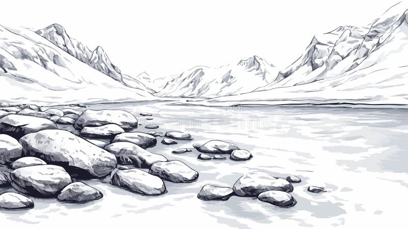 Engraved Icy River Scene with Frozen Landscape Illustration Stock ...