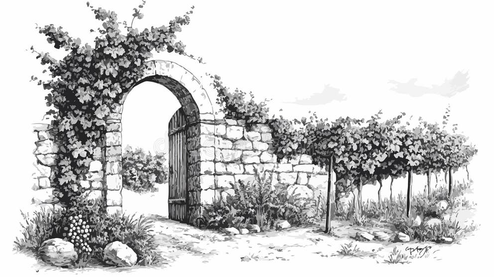 Engraved Vintage Vineyard with Stone Wall Illustration for Editorial ...