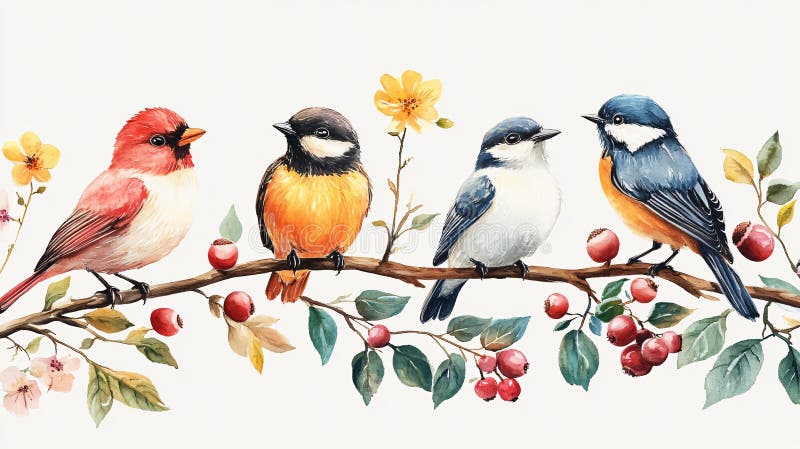 Exquisite Birds Perched on Watercolor Branch - Vibrant Avian ...