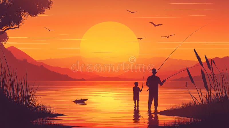 Father Fishing with Son - Happy Father S Day Illustration Stock ...