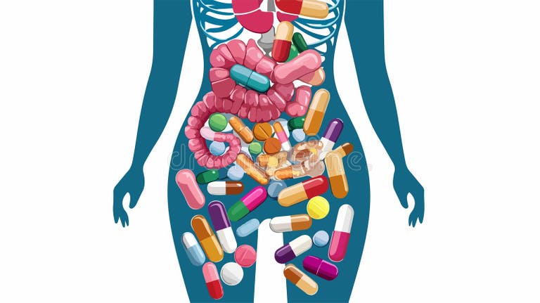 Female Digestive System with Medication Capsules for Health Concept ...