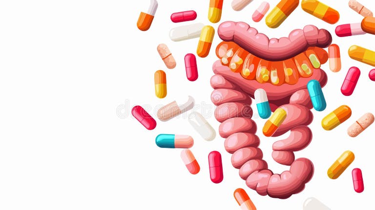 Female Digestive System with Medication Capsules for Health Concept ...