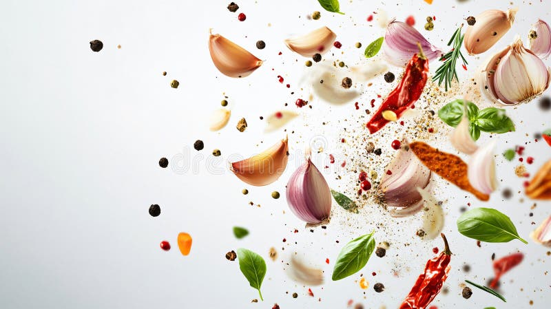 Flying Fragrant Spices with Garlic, Onion, and Rosemary for Culinary ...