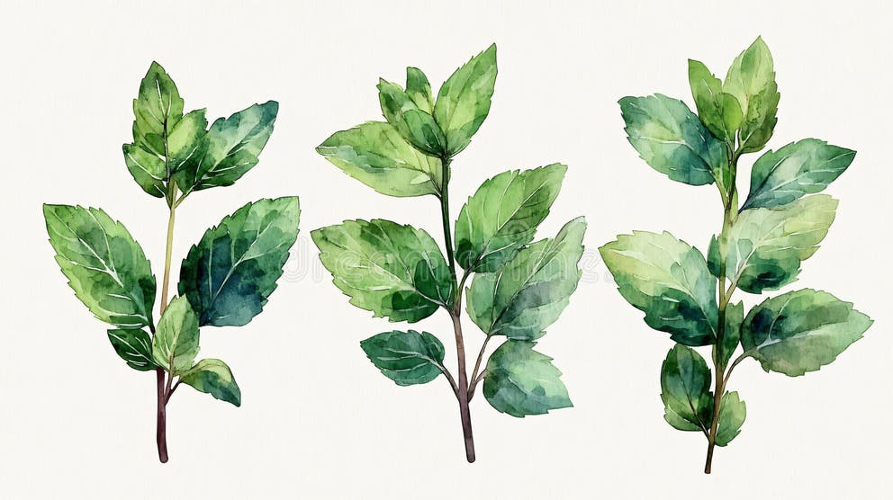 Fresh Mint Leaves and Stems on White Background Stock Illustration ...