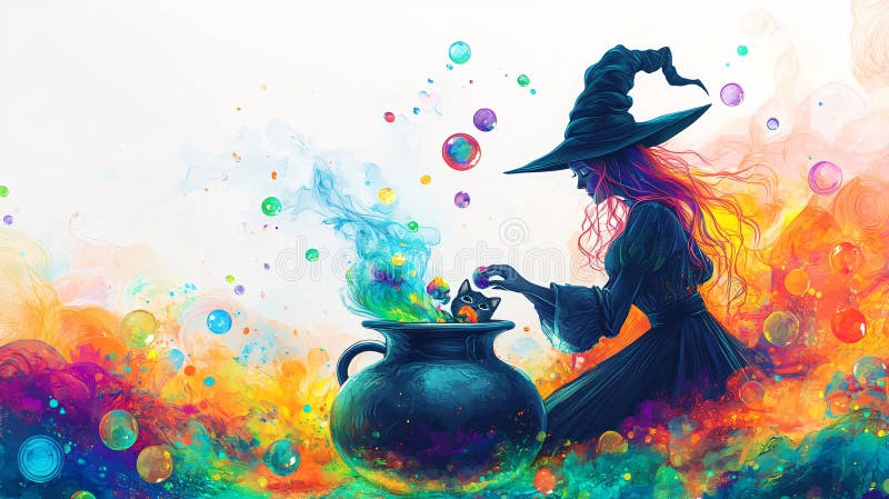 Friendly Witch Mixing Vibrant Potion in Cauldron Stock Illustration ...