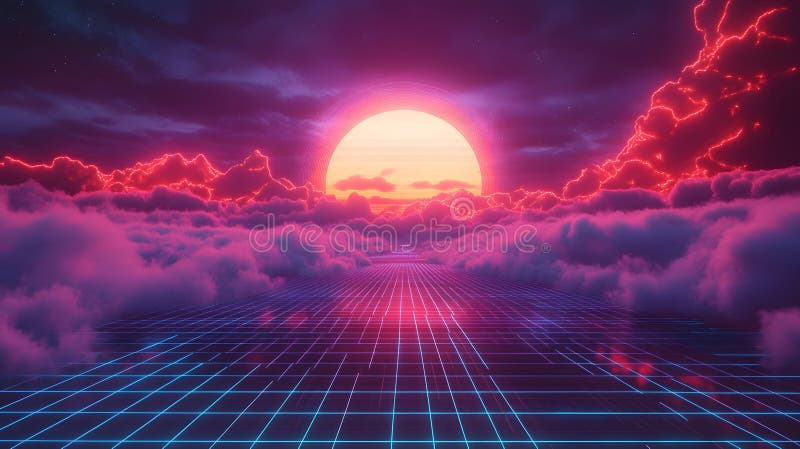 Futuristic Digital Cyber Surface Landscape with Retro Vibes Stock ...
