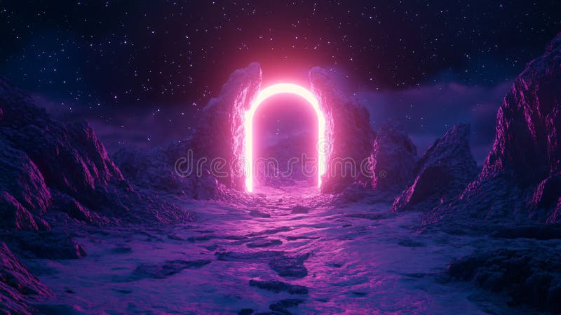 Futuristic Neon Glowing Stone Gate Portal Illuminated Abstract ...
