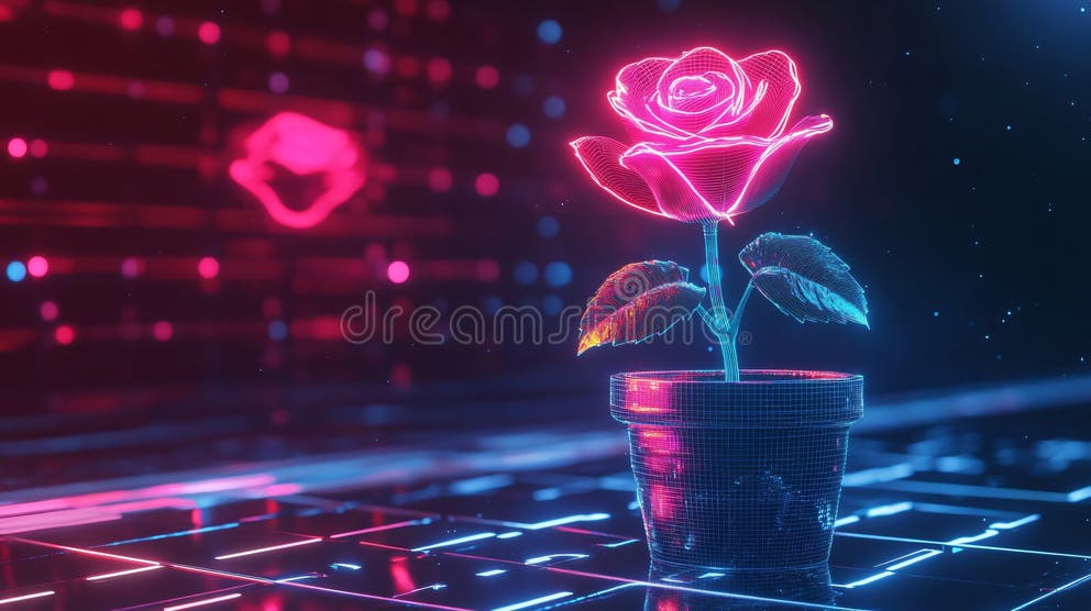 Futuristic Neon Rose in High-Tech Pot with Holog Stock Illustration ...