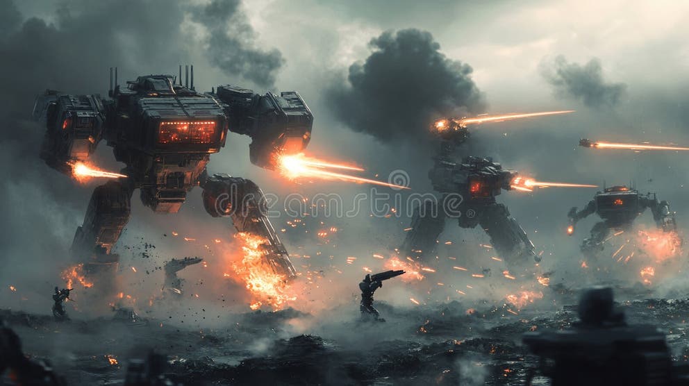 Futuristic Sci-Fi Battlefield with Massive Robot in Action Stock ...