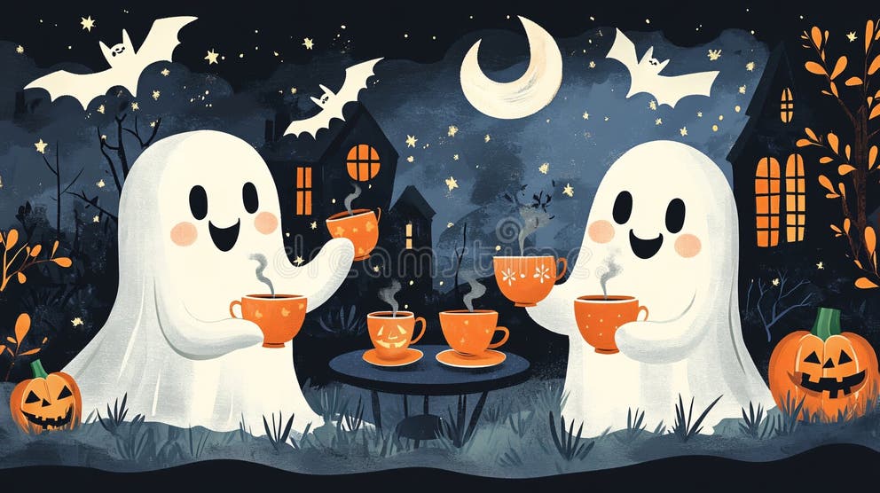 Giggling Ghosts Enjoy Playful Halloween Tea Party Stock Illustration ...