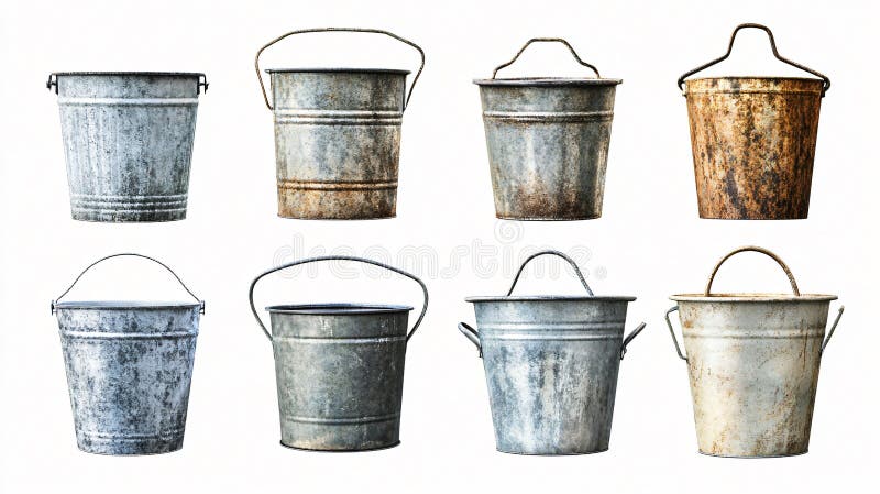 Gleaming Metal Bucket Collection Isolated on White Background Stock ...