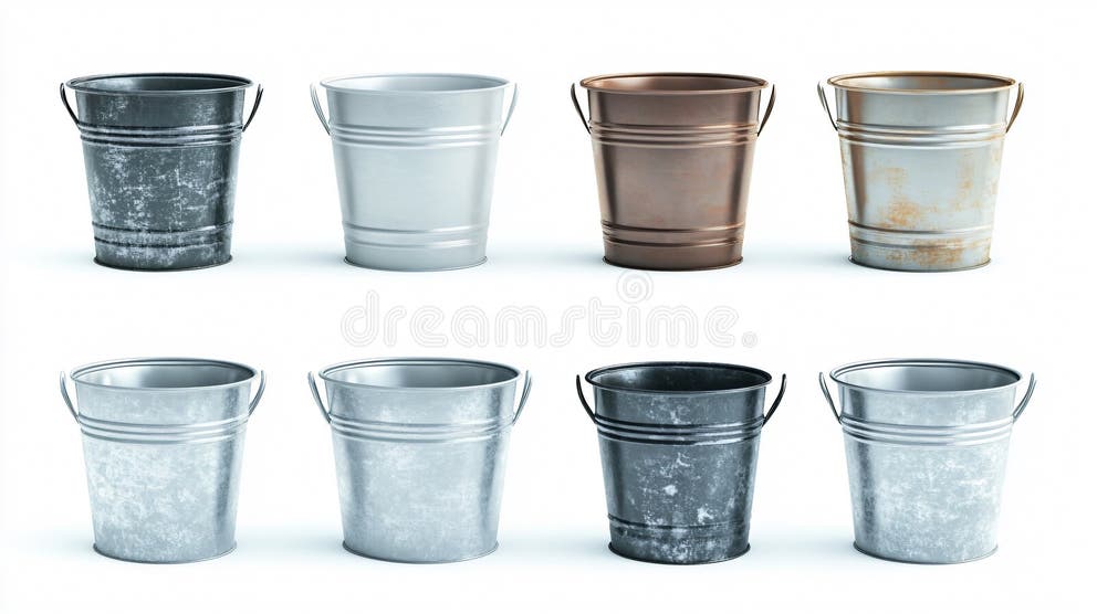 Gleaming Metal Bucket Collection Isolated on White Background Stock ...
