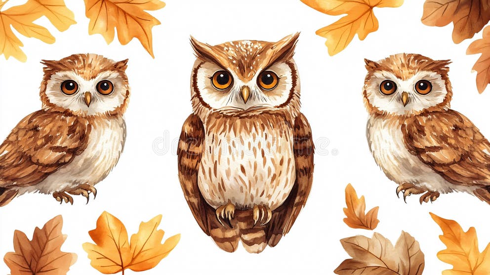 Hand-Painted Owls Fall Leaves Seamless Pattern for Autumn Design ...