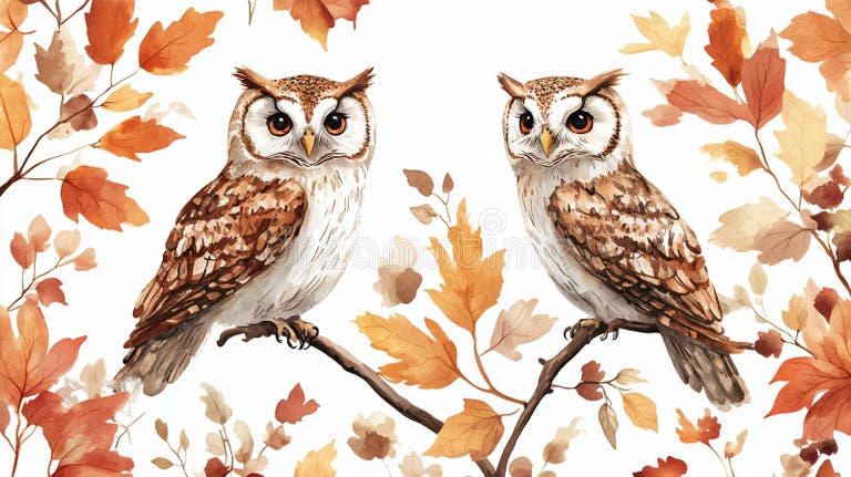 Hand-Painted Owls Fall Leaves Seamless Pattern for Autumn Design ...