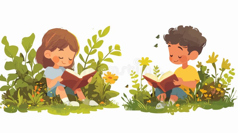 Happy Cartoon Kids Reading Books in Lush Garden Setting Stock Vector ...