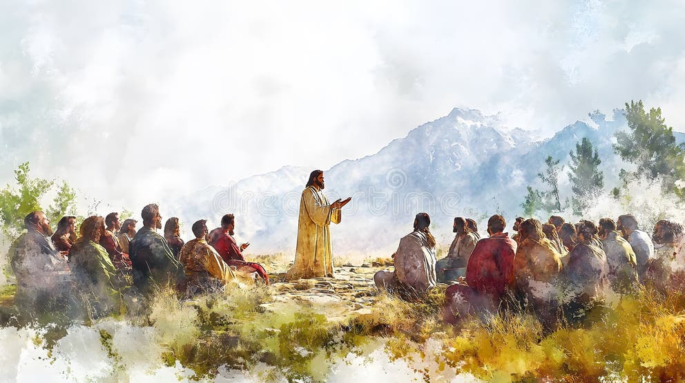 Jesus Preaching Sermon on Mount Biblical Religious Illustration Stock ...