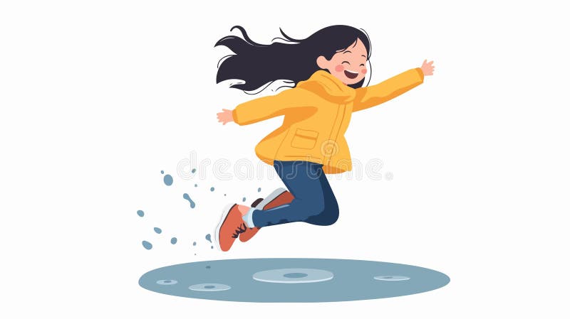 Joyful Vector Cartoon Girl Jumping in Puddle - Simple Flat Stock ...